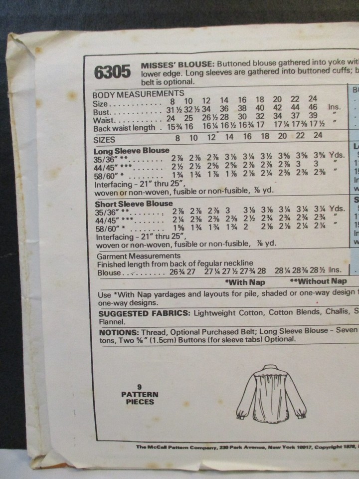 McCall's Pattern 6305 Miss Size 10 Bust 32.5 Blouse Long Short Sleeves ...