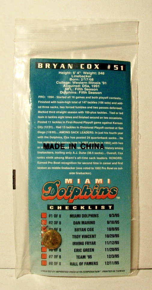 NFL Football Miami Dolphins Bryan Cox Chevron pin 1995 | eBay