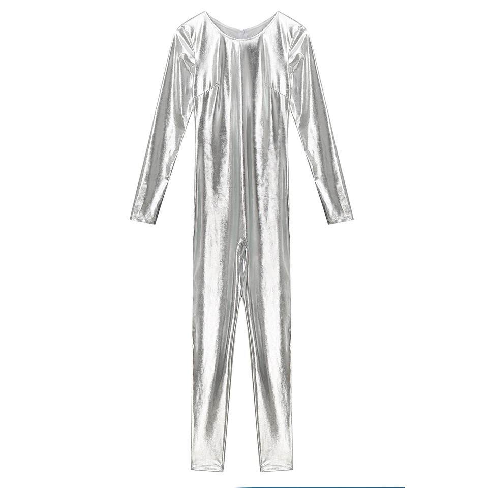 Womens Metallic Shiny Unitard Dancewear One Piece Long Sleeve Bodysuit ...