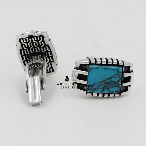 Turquoise Rectangular Style Cufflinks Accessory Men 925 Silver Gift ...