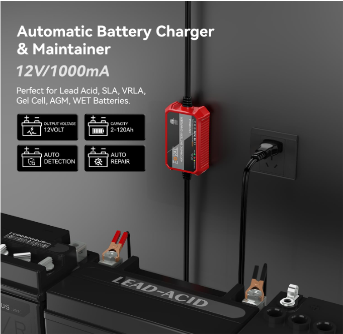 [2-Pack] FOVAL Fully Automatic Trickle Charger, 1000mA 12V Smart car ...
