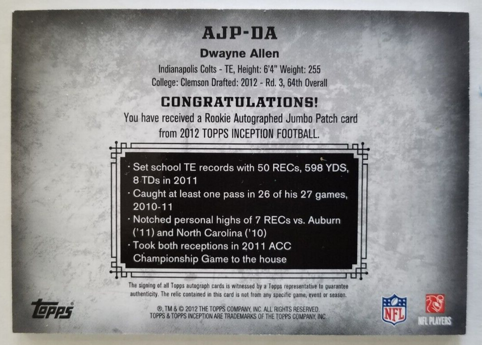 Dwayne Allen RC 2012 Topps Inception Autograph Jersey #AJP-DA Colts ...