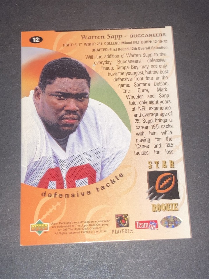 Warren Sapp Rookie Card 1995 Upper Deck Football Star Rookie Card #12 ...