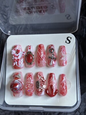 Handmade Cool Bloody Mary long Coffin gel Press On Nails set with box ...