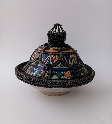 Vintage 1939s Moroccan Moorish Ceramic Tagine Pot & Silver Decorations ...