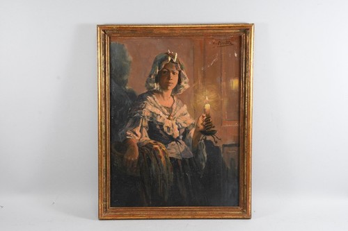 C06U19- Gemälde Dame mit brennender Kerze sign. K. Bertka (?) um 1900 ...