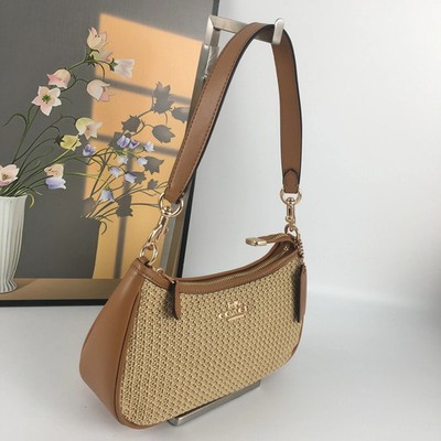 COACH CR350 Teri Shoulder Bag Crossbody Straw Leather Latte Outlet | eBay
