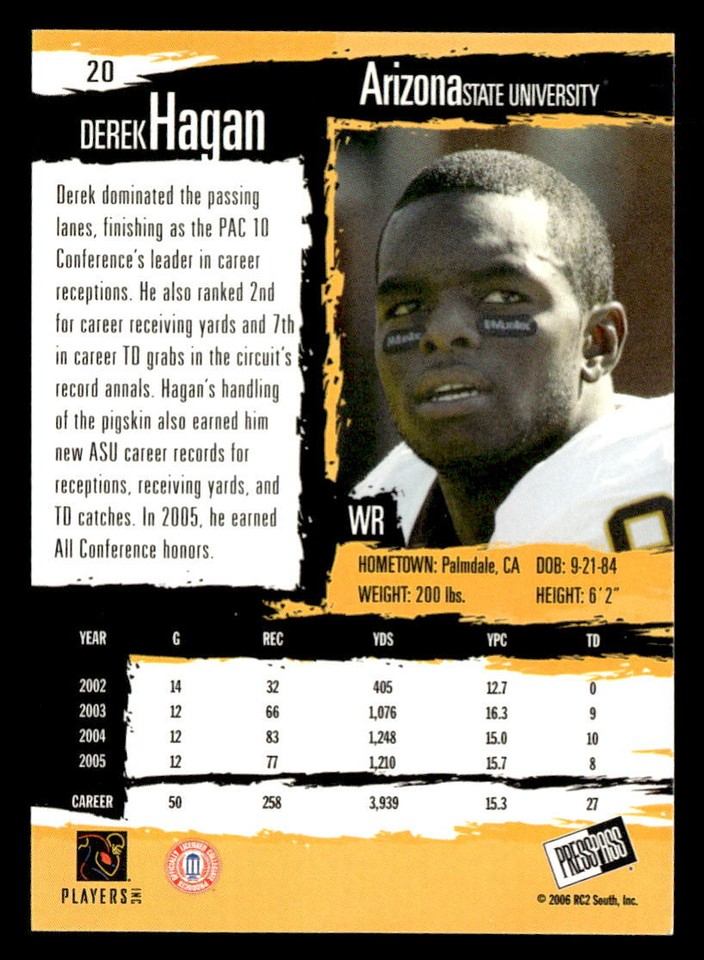 Derek Hagan 2006 Press Pass Card #20 Arizona State Sun Devils | eBay