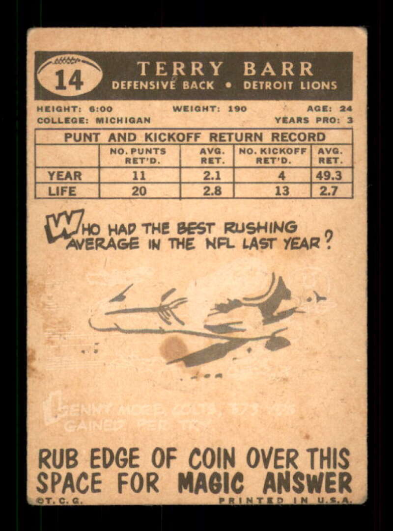 1959 Topps #14 Terry Barr GVG RC Rookie Lions 540301 | eBay