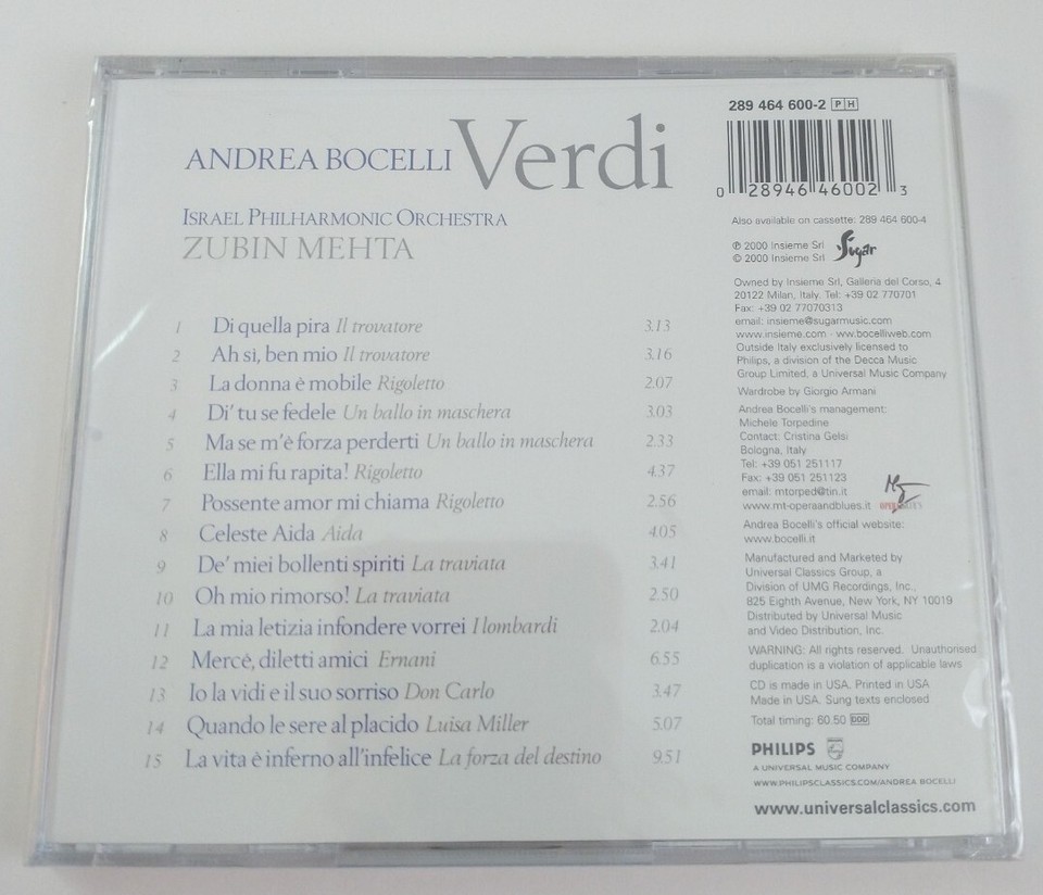 Andrea Bocelli Verdi (CD, 2000) Israel Philharmonic Orchestra Zubin ...