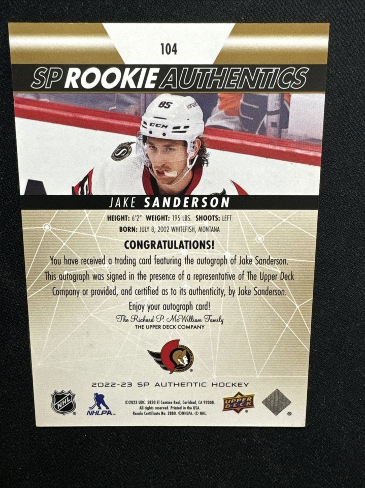 22-23 UD SP Authentic SP Rookie Authentic Gold Auto 104 Jake Sanderson ...