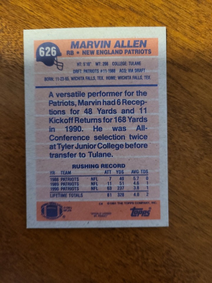 1991 TOPPS MARVIN ALLEN #626 NEW ENGLAND PATRIOTS | eBay