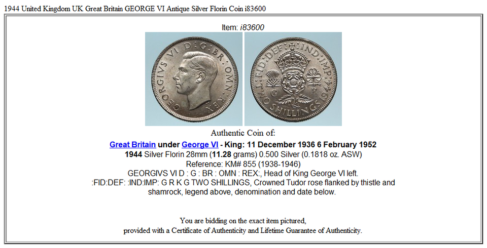 1944 United Kingdom UK Great Britain GEORGE VI Antique Silver Florin ...