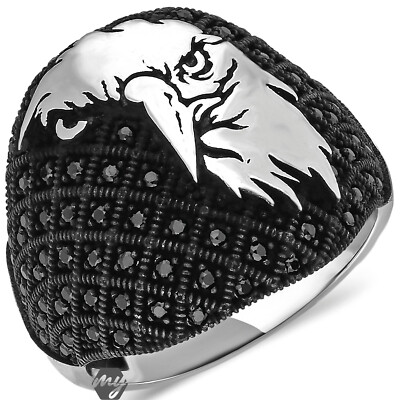 Solid 925 Sterling Silver Eagle Design Micro Black Zircon Stone Men's ...