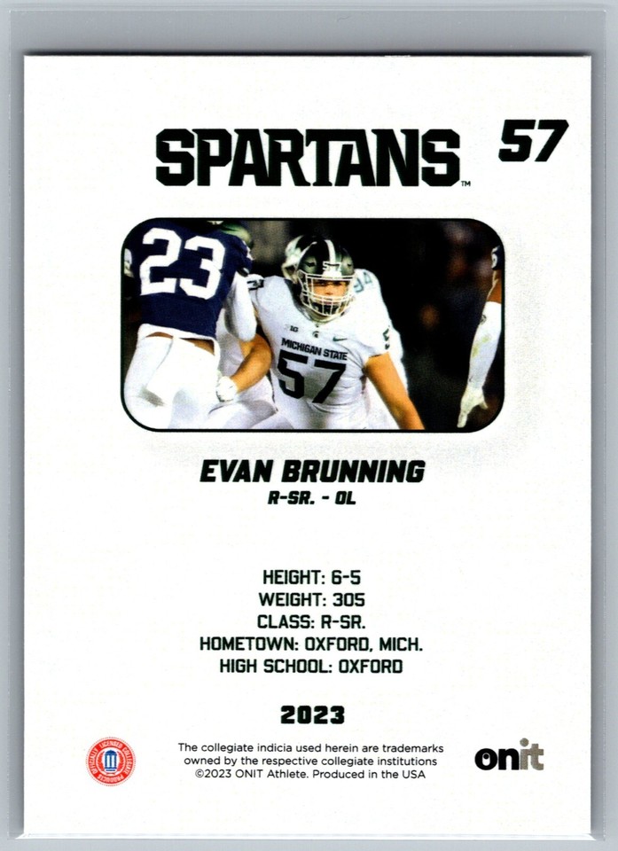 Evan Brunning 2023 ONIT Michigan State Spartans #30 Football Card RC ...