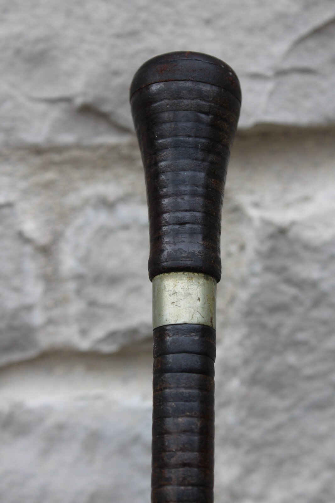 Antique 1800's cane STACKED LEATHER ball swagger stick metal 34.5 ...