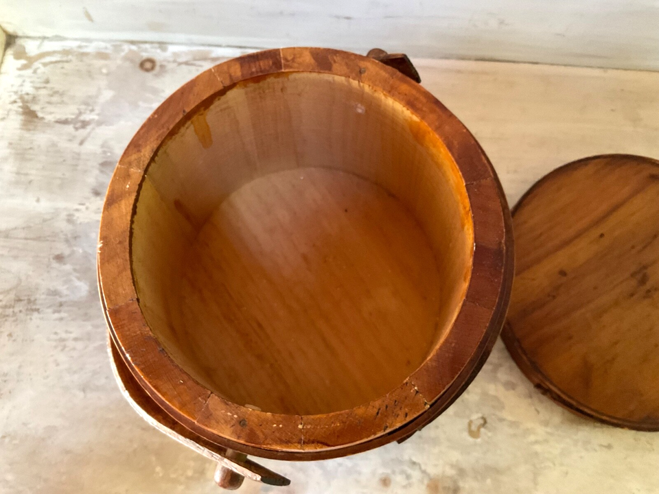 Antique primitive small 6-1/2" Wooden Firkin Sugar Bucket w/swing ...