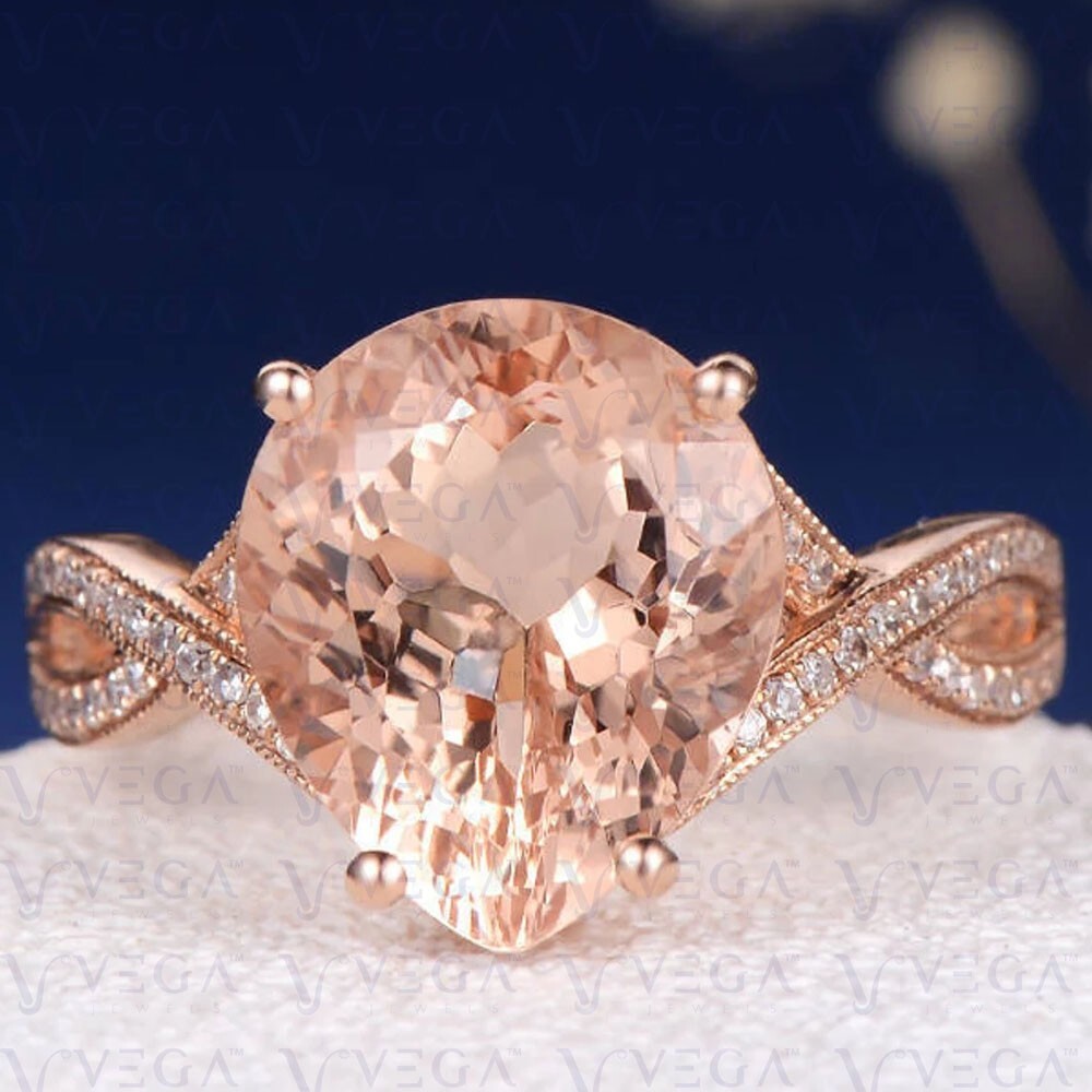 7.24ct Pear Peach Natural Morganite Gemstones Diamond Ring Real 14K ...