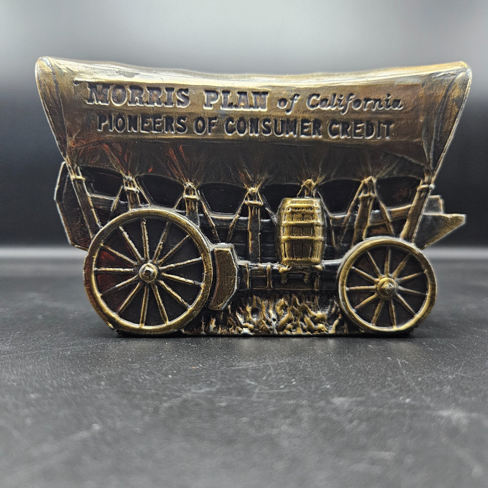 Morris Plan of California Covered Wagon Coin Bank Brass Finish Vintage ...