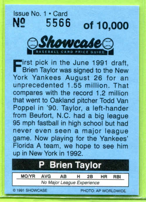 BRIEN TAYLOR ~ 1991 Showcase Price Guide Baseball Card (No #) (#/10,000 ...