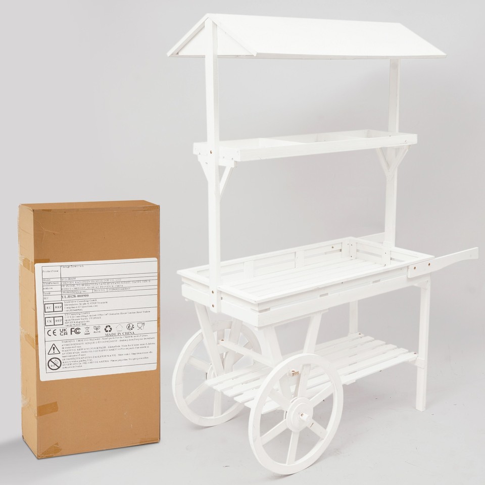 Retro Wooden Rolling Table Cart 2 Wheels Flower Display Stand Lemonade ...