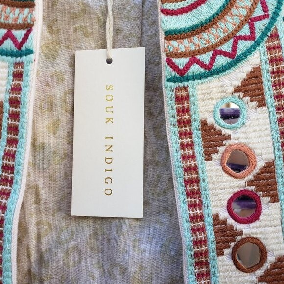 NWT SOUK Indigo Women Hand Embroidered Open Jacket w/ Shoulder pads Tan ...