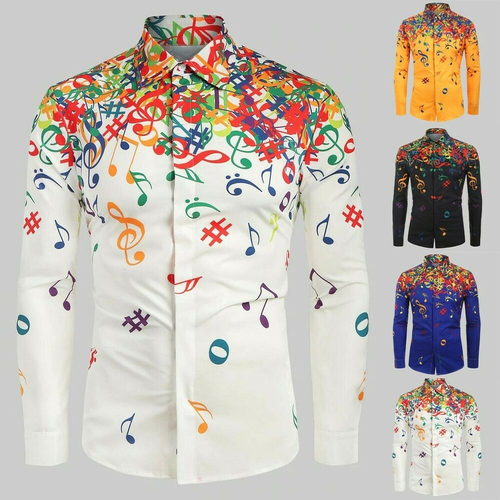 Mens Casual Novelty Musical Note Pattern Casual Long Sleeve Shirts Tops ...