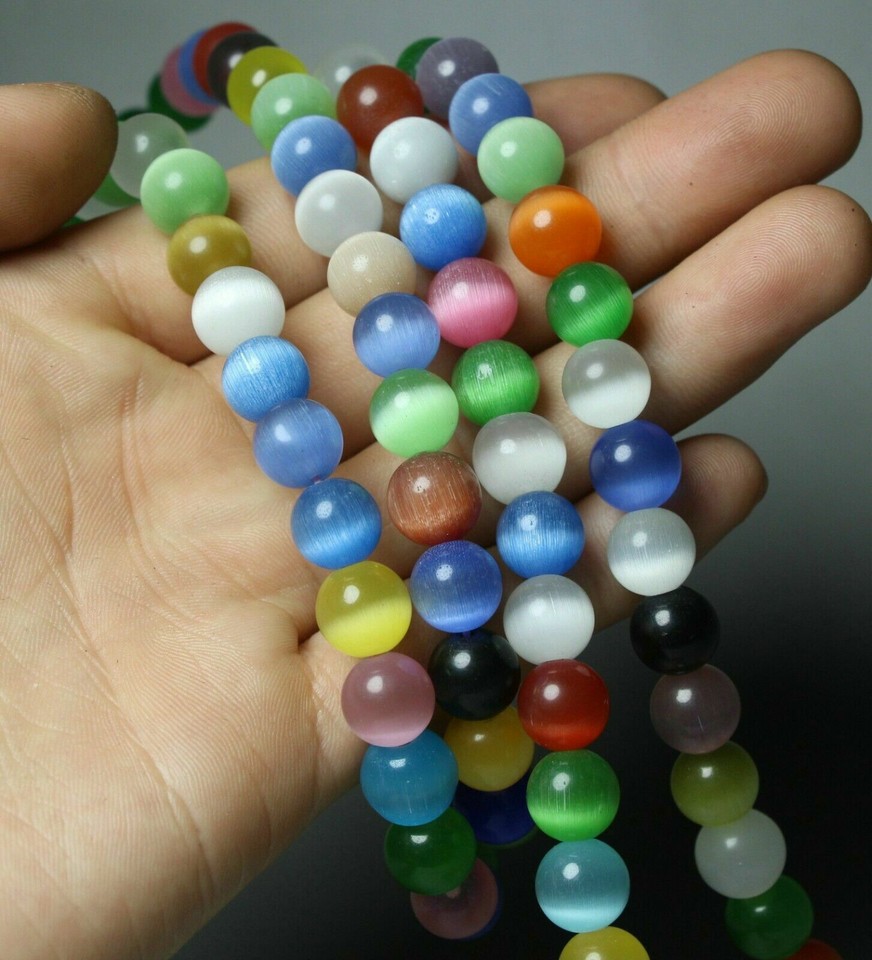 21"China Colored Cat Eye 108 Bead prayer Elasticity Round Bead Necklace ...