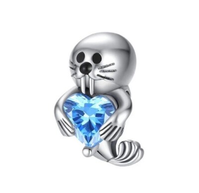 Genuine 925 Sterling Silver Fashion Charm WALRUS BLUE HEART 14mm x 9mm ...