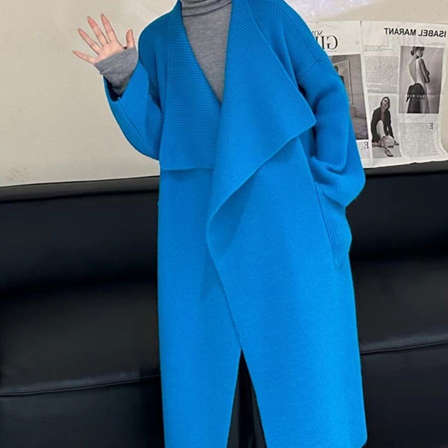 Luxury Womens Big Lapel Color Long Knitted Cardigans Women Wool Trench ...