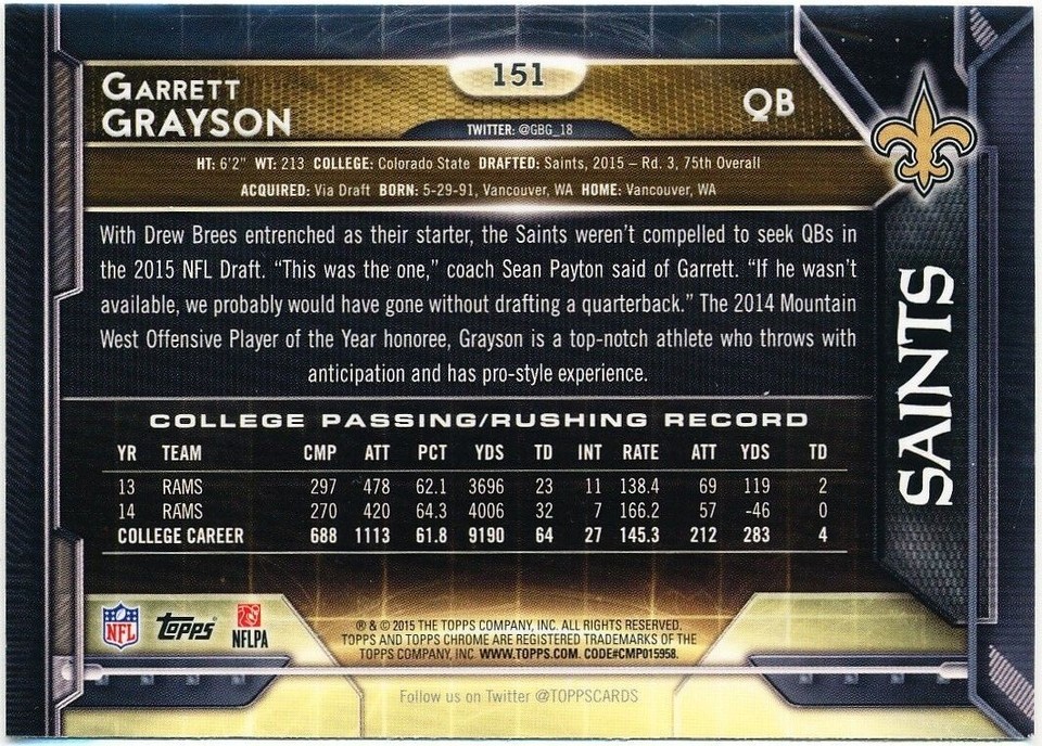 Garrett Grayson 2015 Topps Chrome Football #151 New Orleans Saints ...