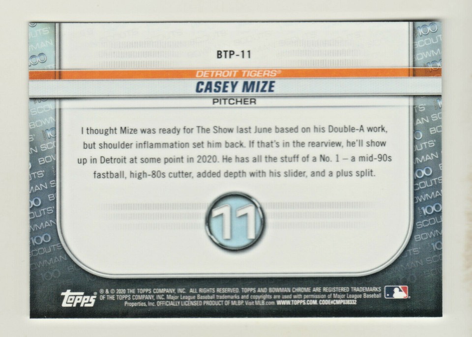 2020 Bowman Chrome SCOUTS TOP 100 #BTP-11 CASY MIZE RC Rookie Detroit ...