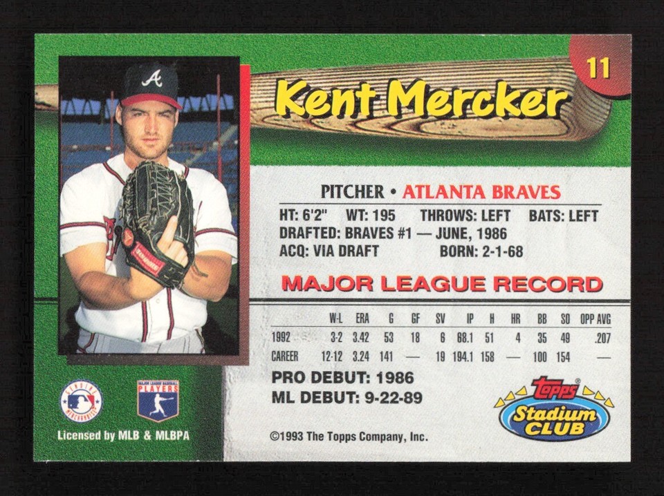 1993 Stadium Club Team Braves Kent Mercker #11 Atlanta Braves | eBay