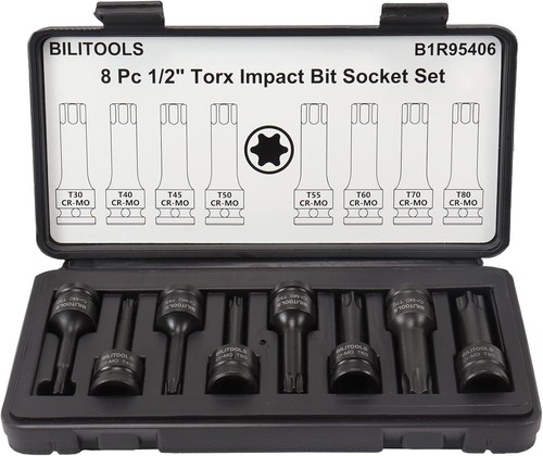 BILITOOLS 8-Piece Impact Torx Bit Socket Set 1/2 inch Drive T30-T80 Cr ...