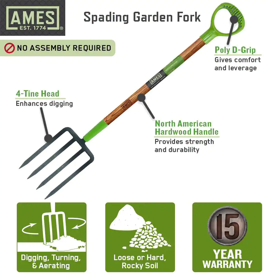 26 In. 4-Tine Forged Spading Garden Fork Outdoor Gardening Tool ...