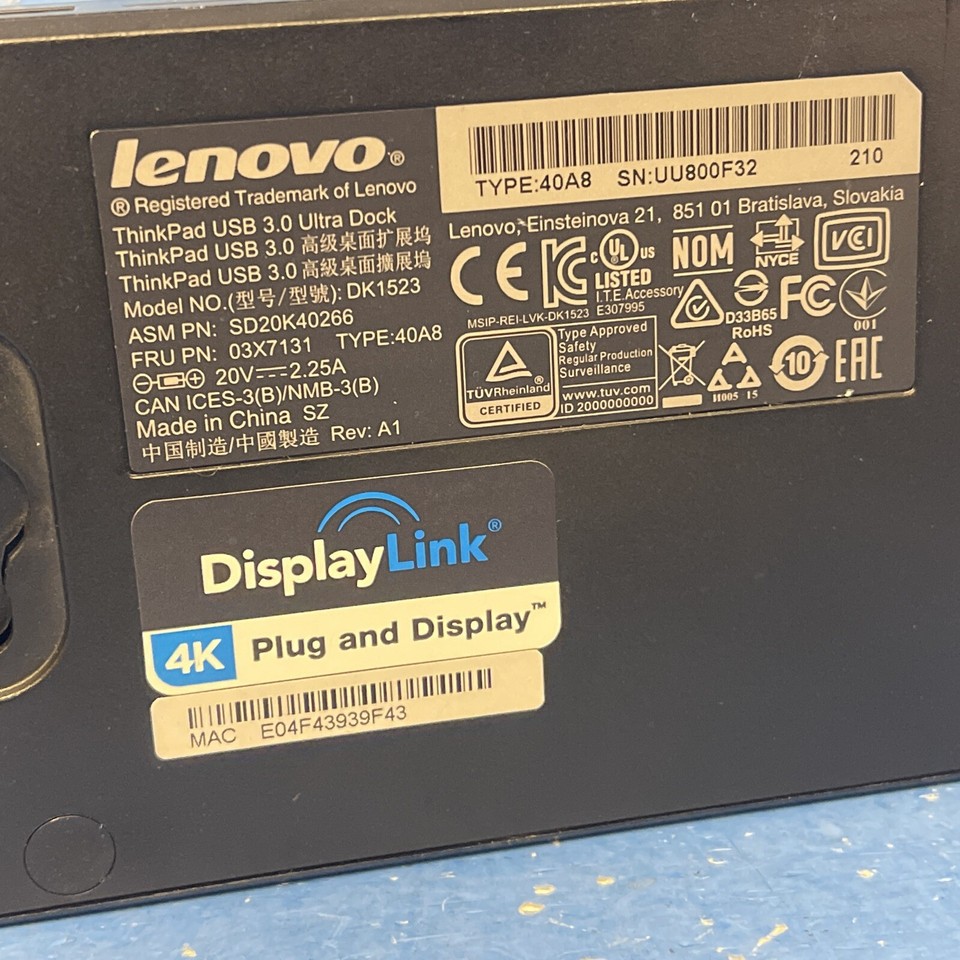 Lenovo ThinkPad DK1523 DisplayLink Plug and Display USB 3.0 Docking ...