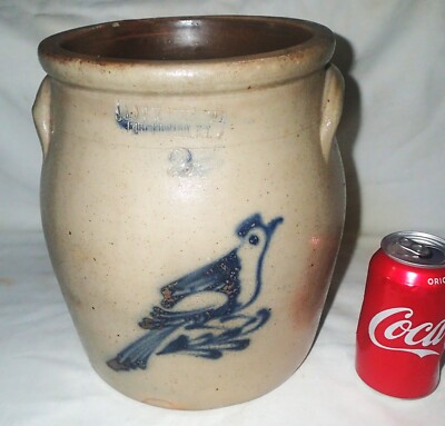 ANTIQUE PRIMITIVE USA STONEWARE BLUE BIRD CROCK FORT EDWARD N.Y. SALT ...