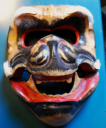 Vtg HAND CARVED Painted Wood Mask MONKEY HEAD Hinged Jaw/Animal Hair ...