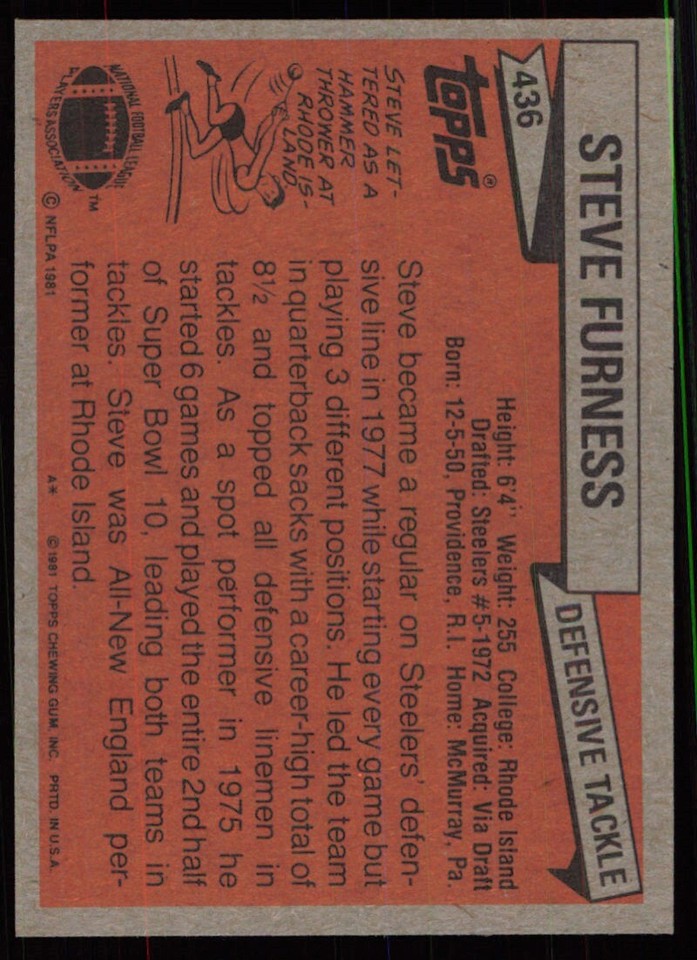 1981 Topps Steve Furness Pittsburgh Steelers #436 | eBay