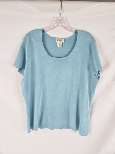 Talbots Womens Blouse Aqua Blue Round Neck Short Sleeve Silk Blend ...