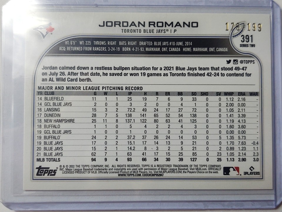 2022 TOPPS RED FOIL JORDAN ROMANO 176/199 BASEBALL CARD #391 | eBay
