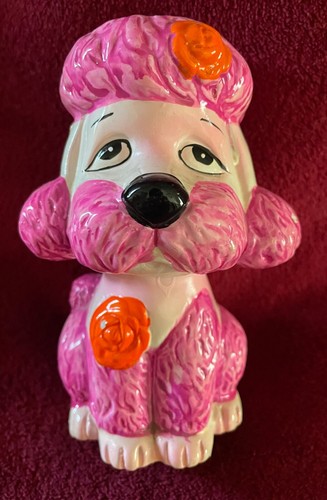 VINTAGE 1960's CHALKWARE BIG EYE BRIGHT PINK COLORFUL POODLE DOG COIN ...
