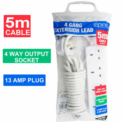 4 Way 5 Meter Extension Lead 4 Gang 5M Long Cable Electric White Plug ...