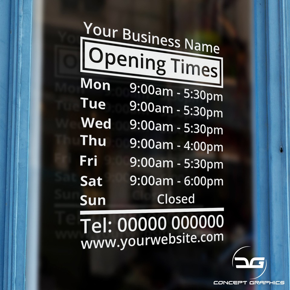 Shop Window Opening Hours Times Customised Personalised Sign Vinyl ...