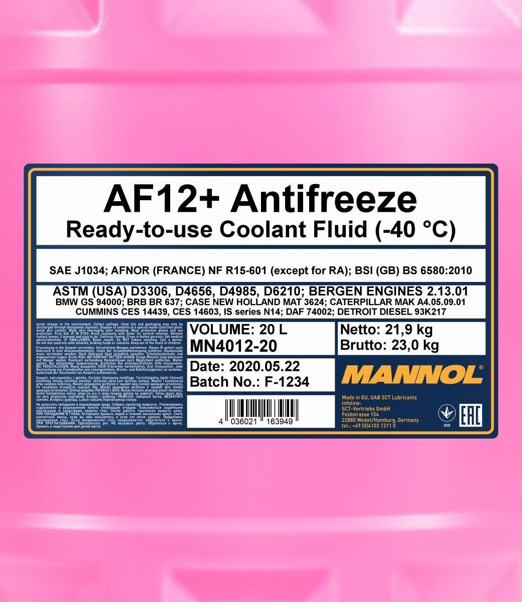 20L Antifreeze Coolant Fluid AF12+ Red Ready To Use Mixed -40°C ...