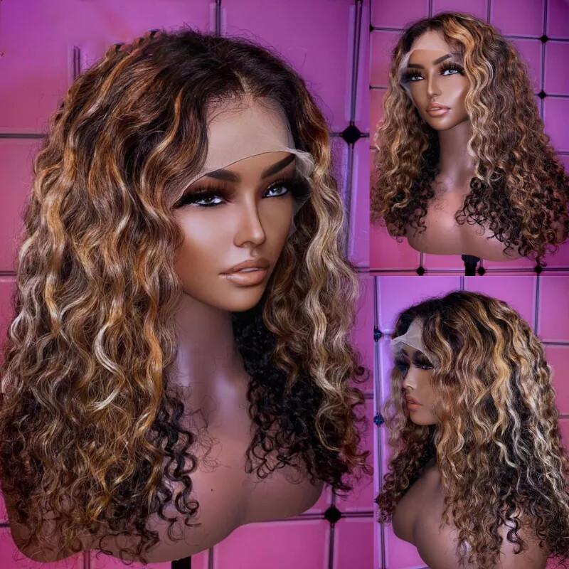 22 Inch Curly Wavy Brown Ombre Blonde Wigs Lace Front Human Hair Wig ...