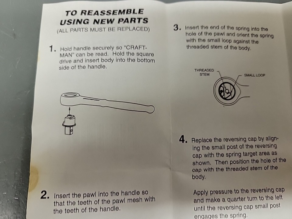 Craftsman 43175 3/8 Ratchet Repair Kit 44375 (missing Spring) USA | eBay