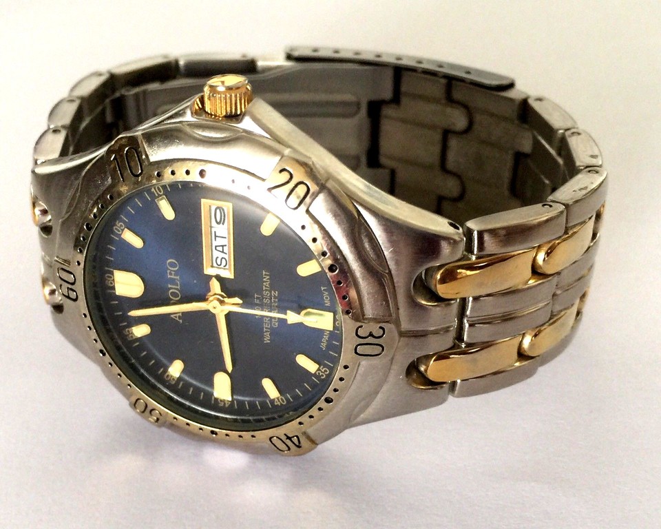 ADOLFO AF1176 138 PC33 TWP TONE DAY DATE DARK BLUE DIAL MENS WATCH RUNS ...