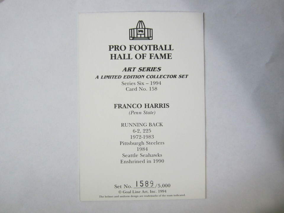 1994 Franco Harris Goal Line Art Card Pittsburgh Steelers / Penn State ...