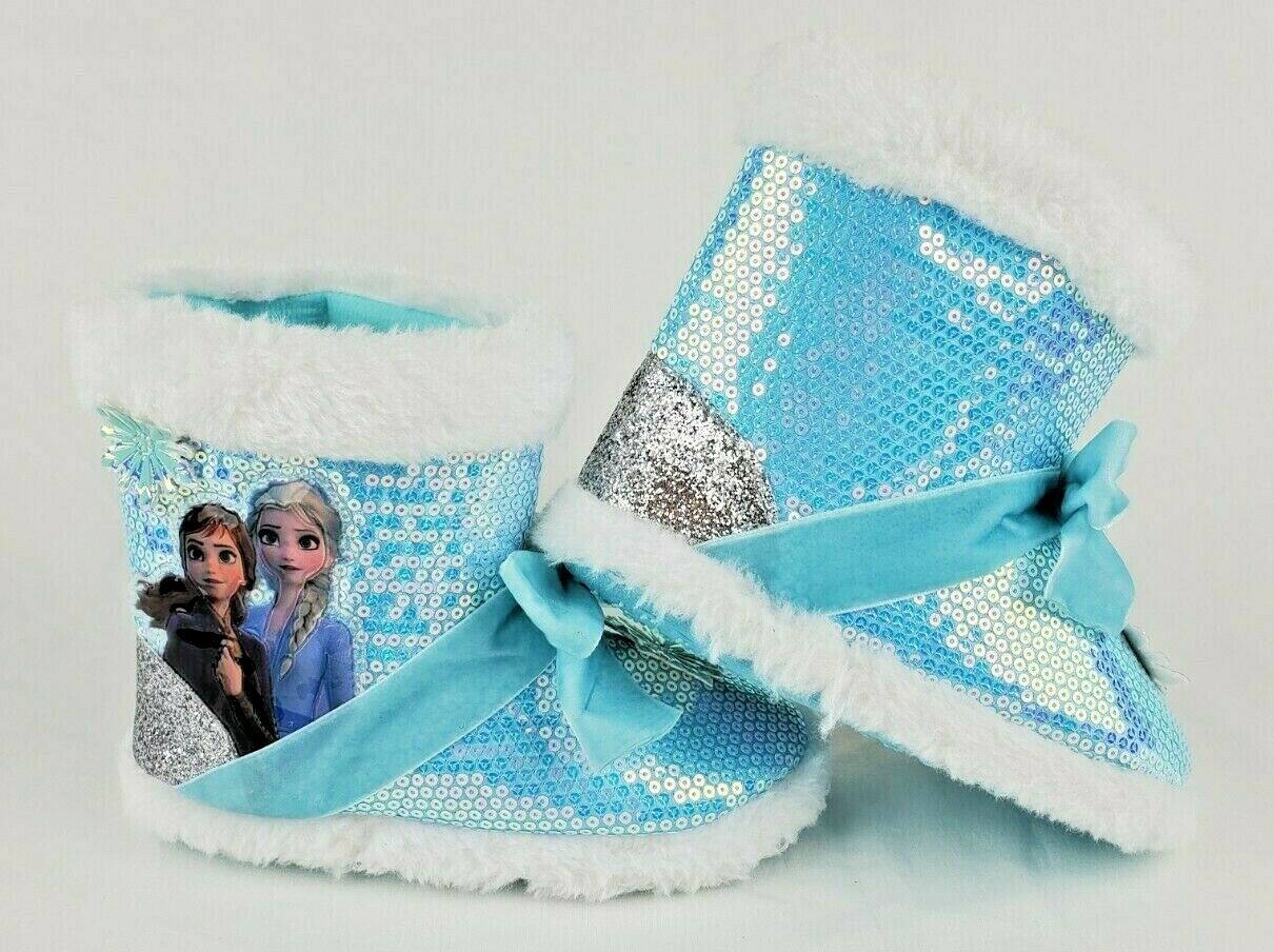 Disney Frozen Anna & Elsa Sequined Slip On Slipper Boots Comfy Size 9/ ...